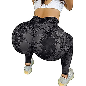 OMKAGI Women Scrunch Butt Lifting Leggings Seamless High Waisted Workout Yoga Pants(M,88-Black Tie Dye)