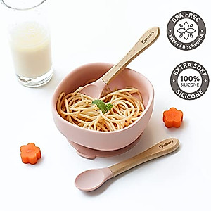 Ginbear Suction Bowls for Baby Girl, Baby Led Weaning Spoon and Fork, Baby Dishes and Utensils Set for Toddlers, Silicone Baby Feeding Set 6-12 Months (Baby Pink)