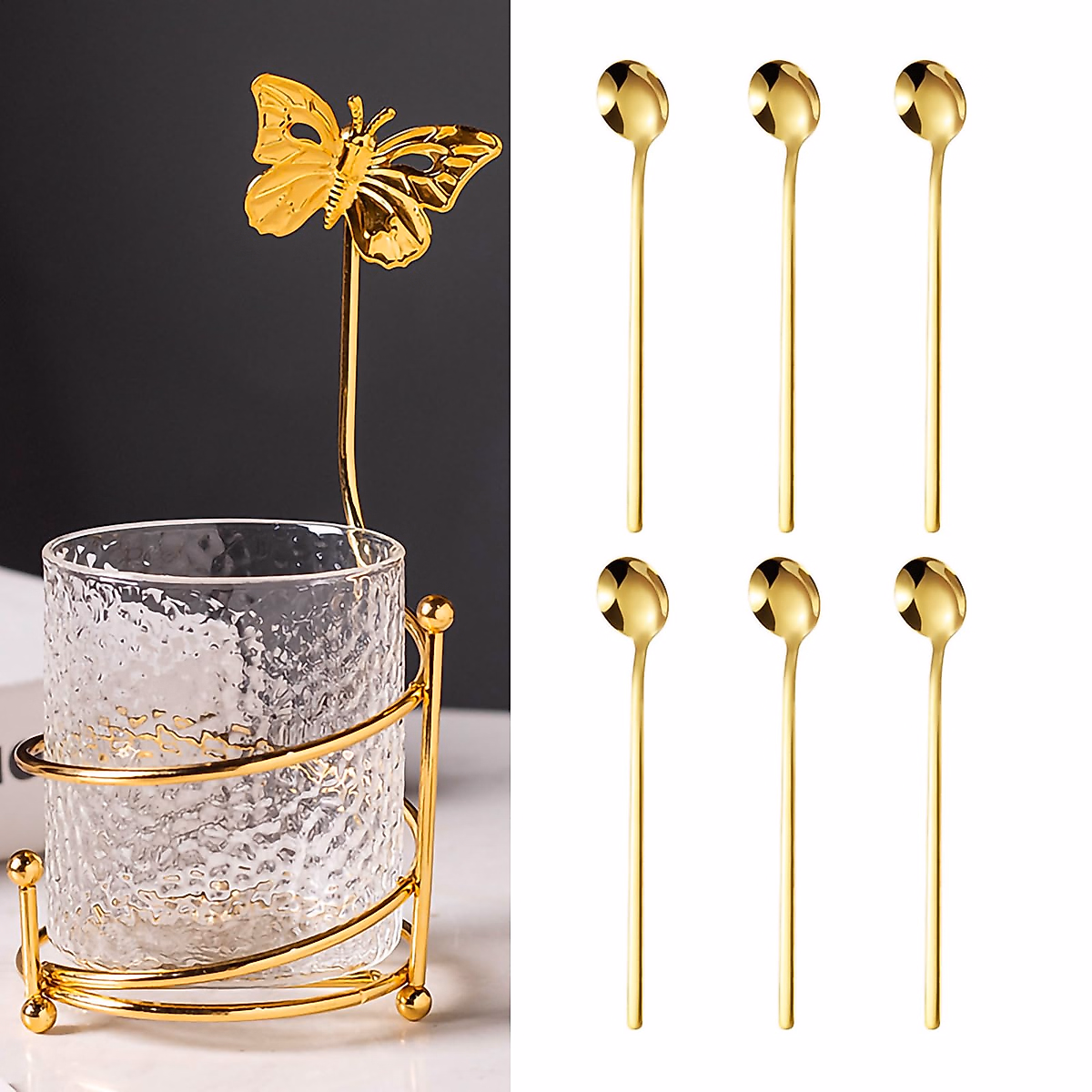 INPROPEXT 6PCS Coffee Spoons with Glass Holder, Small Stainless Steel Gold Round Dessert Spoons, Mini Tea Spoons Set for Fruit, Stirring, Mixing, Sugar, Ice Cream, Cake
