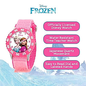 Disney Frozen Analog Watch, Time Teacher for Kids and Toddlers, Pink Bezel & Nylon Strap Watch