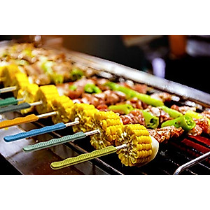 Skoo Barbecue Skewers Set - 7 Silicone Handled Stainless Steel BBQ Skewers + Silicone Storage Bag - 14" Flat Metal Shish Kebab Skewers for Grilling - Reusable Grill Kabob Skewer Sticks + Rollable Bag