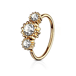 3 Round CZ Set Rose Gold IP Plated 316L Surgical Steel WildKlass Hoop Ring for Nose & Ear Cartilage (Clear)