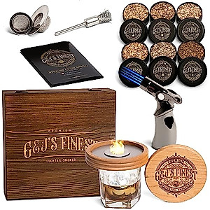 Whiskey Smoker Kit with Quad Flame Torch, Scorch Shield, Lid, 6 Wood Chips & Wooden Gift Box for Smoked Old Fashioned Bourbon Drink Infuser| Cocktail Smoker (Cherry Wood, No Butane)