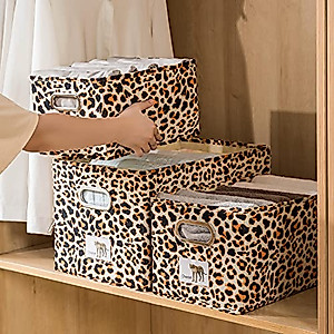 PRANDOM Collapsible Storage Baskets for Closet [3-pack] Decorative Linen Fabric Storage Bins Cubes with Metal Handles for Shelves Bedroom Living Room Leopard print (11.5x8.5x6.7 Inch)