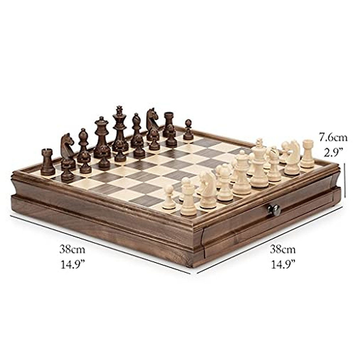 THPT Walnut Wood Chess Set Chess and Checkers Set with Chess Pieces Storage Slots Chess Board Game for Kids Gift Board Games