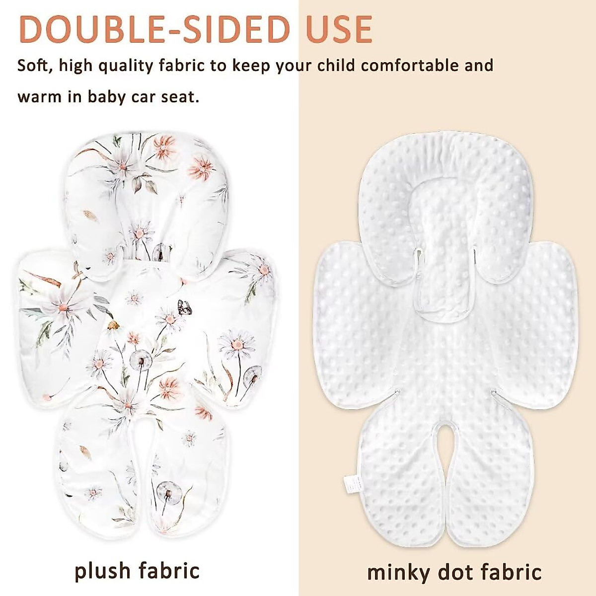 CARUILI Infant Car Seat Insert, 2 in 1 Carseat Head Support for Newborn Girl, Soft Baby Car Seat Head Body Support Cushion Pillow, Reversible & Adjustable Baby Headrest for Stroller, Swing, White