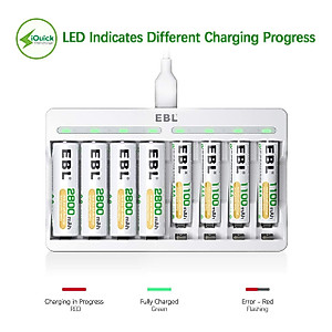 EBL Rechargeable AA Batteries 2800mAh 16 Pack and 8-Bay AA AAA Individual Rechargeable Battery Charger