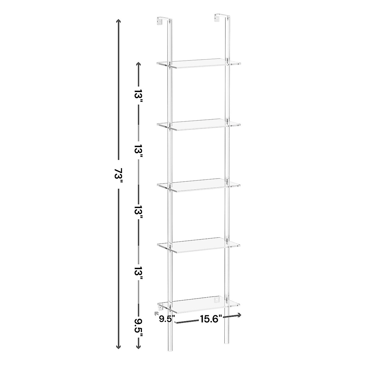 CRTERICX Small Acrylic Ladder Bookshelf, 9.5" D x 15.6" W, 5-Tier Clear Wall Mounted Book Shelf for Small Spaces, Multipurpose Bookcase for Living Room, Bathroom, Office, Modern, 73" H