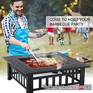 HCY 32" Fire Pit Table for Outside,Outdoor Fire Pit Square Wood Burning with Spark Screen Fire Poker for Camping,Backyard,Patio(Black)