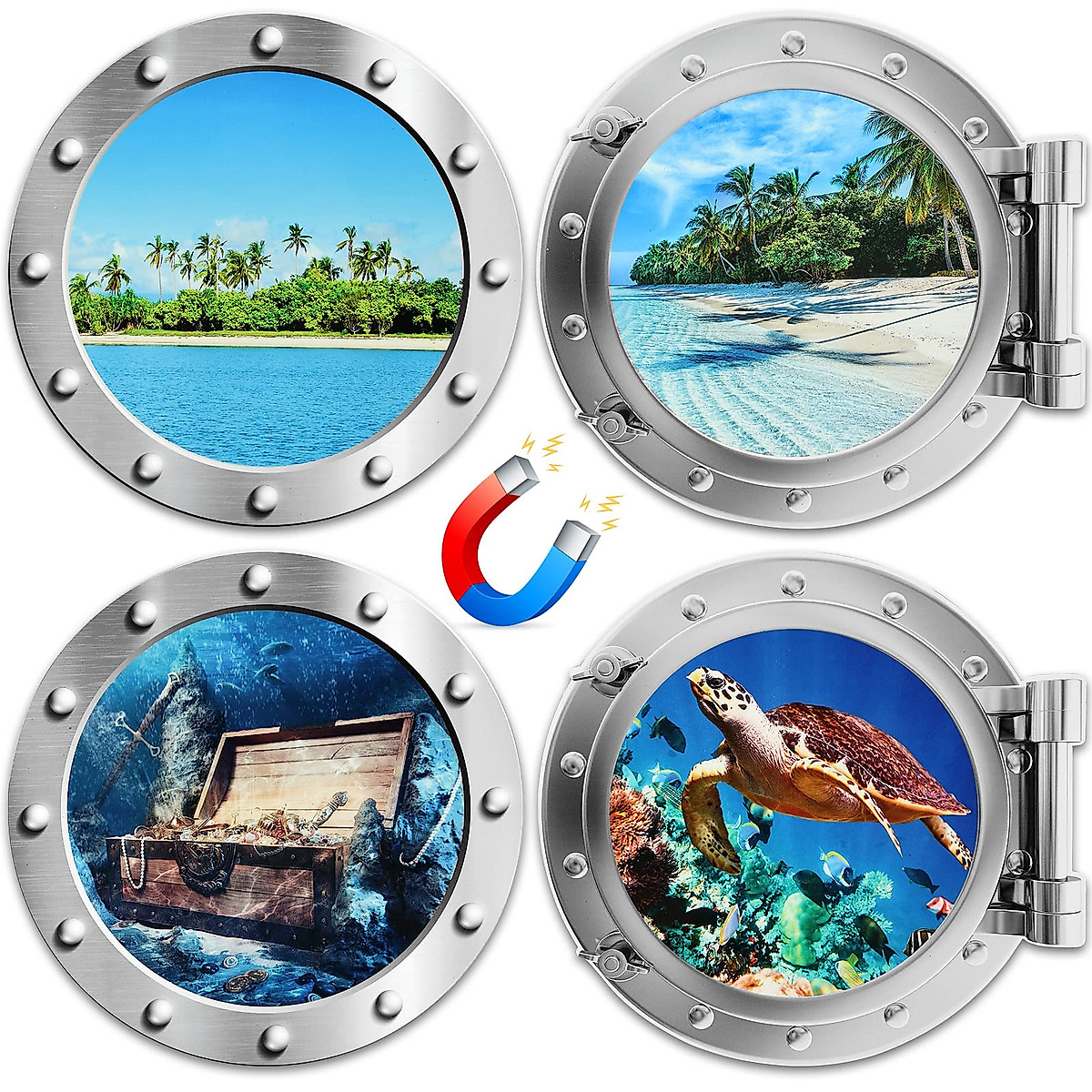 4 Pcs Cruise Door Decorations Magnetic Cruise Porthole Door Magnets Palm Tree Turtle Cruise Magnet The Sea Nature Scenery Fridge Decor for Carnival Cruise Refrigerator Car