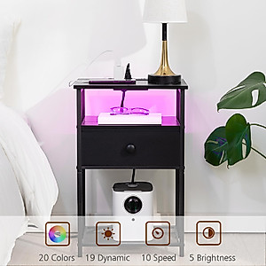 LOAKEKEL Night Stand Set 2, LED Nightstand with Charging Station, End Tables with Fabric Drawer for Small Spaces, Bedside Table with Storage Shelf for Bedroom, Black, HETS01BK