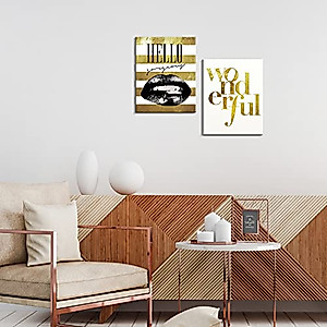 Creoate Fashion Women Wall Art 2 Pieces Lips Picture Canva Print Artwork Framed Set Black Gold Wall Decor for Girls Bedroom (Multi)…
