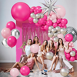 Hot Pink Balloon Garland Arch Kit,Pink silver Chrome Balloons with Silver Disco Ball Explosion Star Balloon for Girls Women Birthday Party Valentine's Day Bridal Shower Wedding Mother's Day