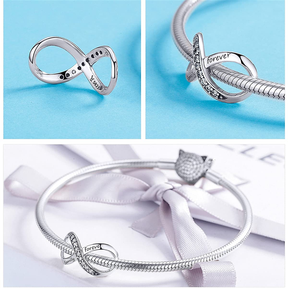 RUKYF 925 Sterling Silver Infinity Charms for Bracelets Necklaces Family Forever Cubic Zirconia Charm Jewelry Gifts for Women