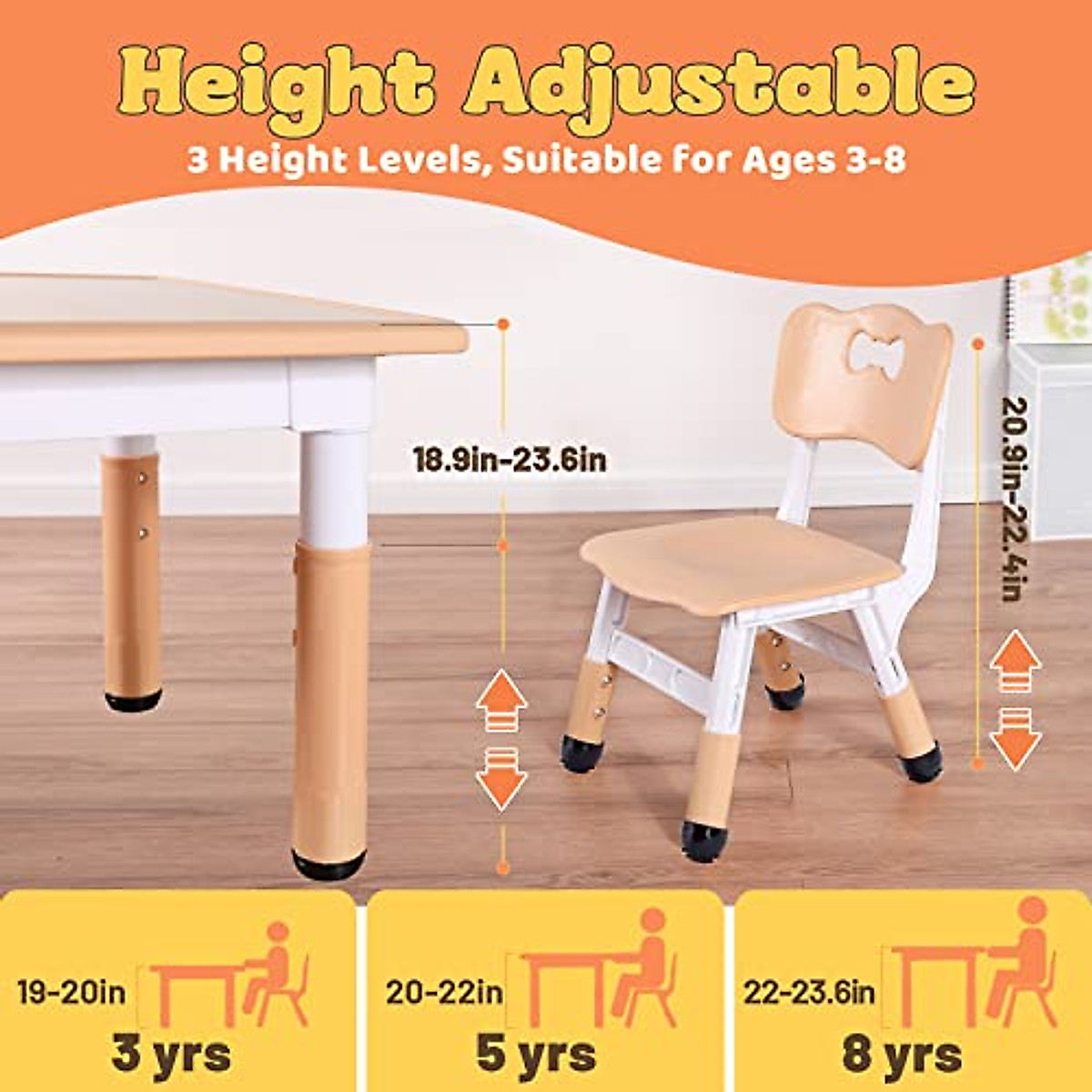 FUNLIO Kids Table and 2 Chairs Set, Height Adjustable Toddler Table and Chair Set for Ages 3-8, Easy to Wipe Arts & Crafts Table, for Classrooms/Daycares/Homes, CPC & CE Approved (3pcs Set) - Natural