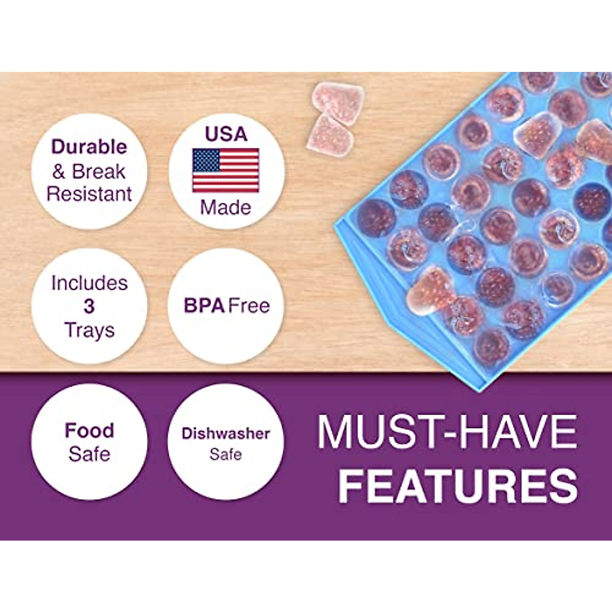 Arrow Small Ice Cube Trays for Freezer, 3 Pack - 60 Mini Cubes Per Tray, 180 Cubes Total - Made in the USA, BPA Free Plastic - Ideal Small Ice Cube Trays for Ice Coffee and Blenders – Blue