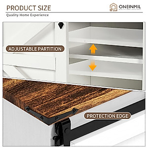 oneinmil 58 Inch Farmhouse TV Stand, Modern Rustic Entertainment Center with Sliding Barn Door and Storage Cabinets, Metal Media TV Console with Shelf for TVs up to 65 Inch in Living Room, White