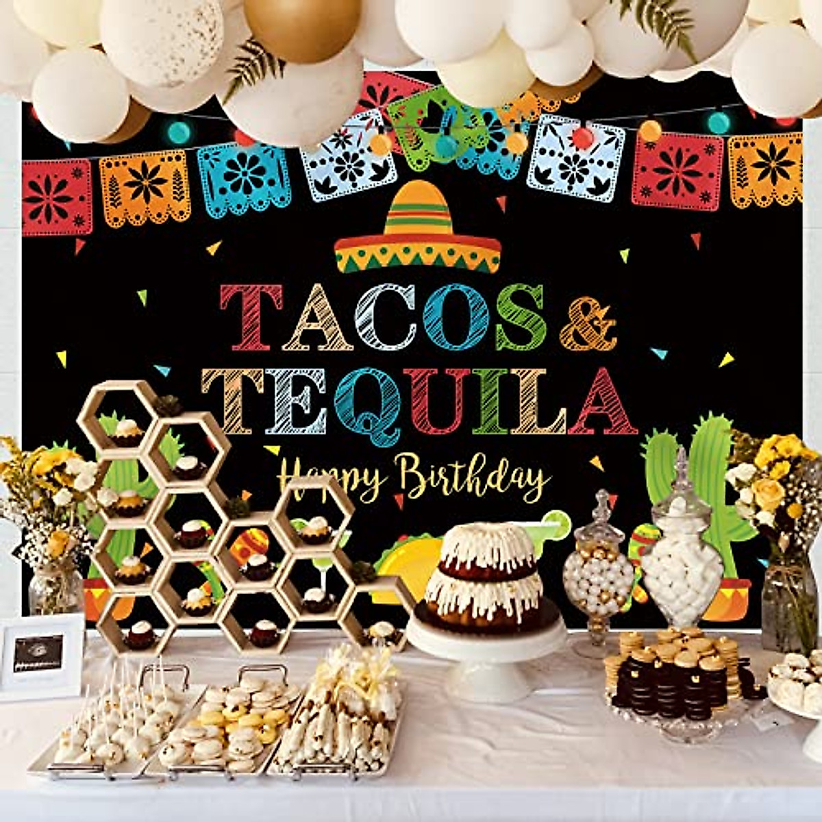 Rsuuinu Mexican Fiesta Backdrop Happy Birthday Tacos and Tequila Colorful Lights Background Drop Cinco De Mayo Backdrop for Pictures Birthday Party Mexican Decorations Banner Photo Booth Props 7x5ft