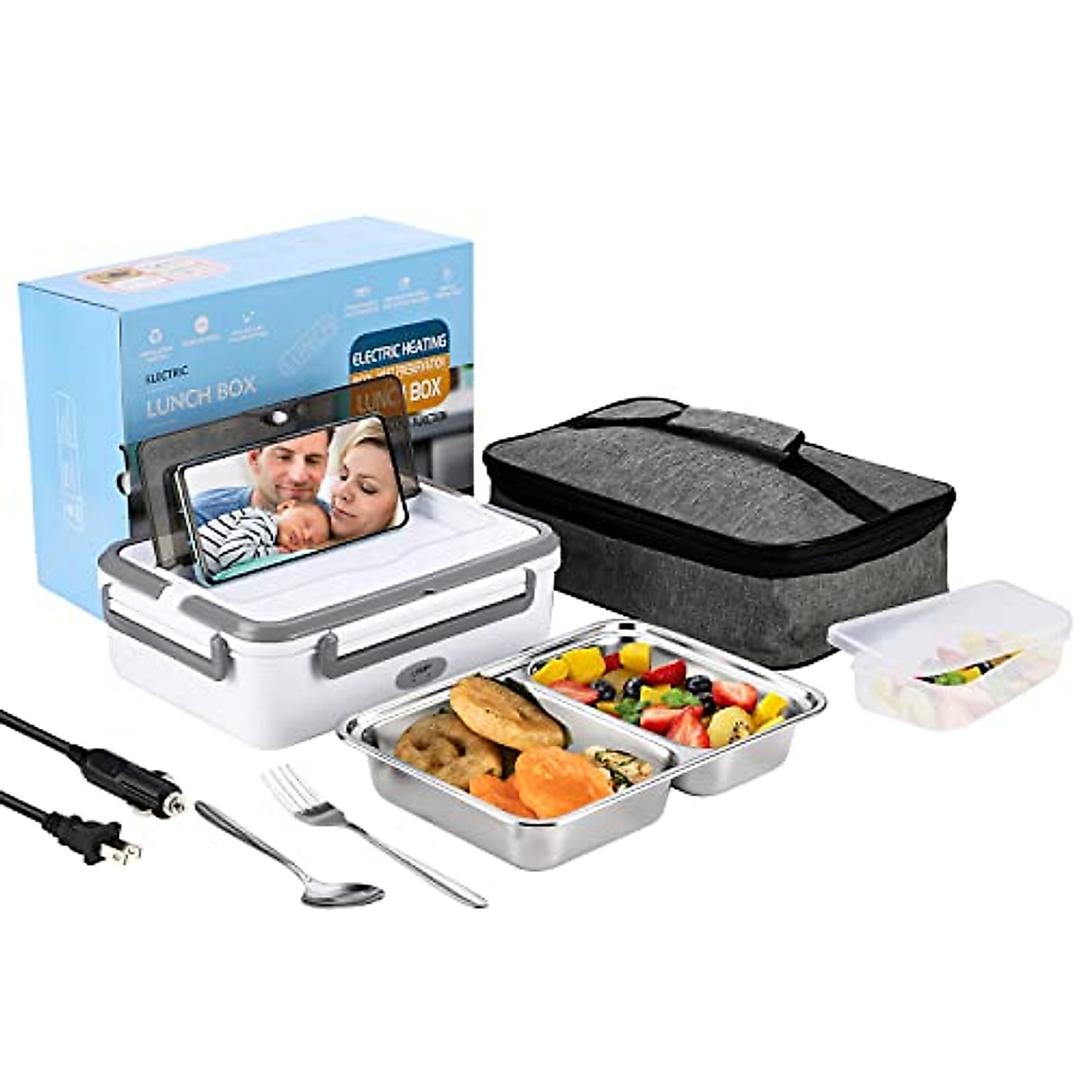 Brynnl Electric Lunch Box Heated Lunch Box for Work/Car/Home, 2023 Upgrade Food Heatable Lunch Box for adults, Portable Lunch Box Durable 304 Stainless Steel Container with Spoon Fork Carrying Bag