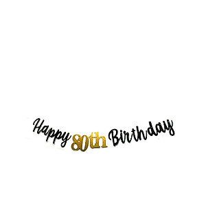 Black Happy 80th Birthday Banner Sign Gold Glitter 80 Years Birthday Party Decorations Supplies Anniversary Celebration Backdrop Pre-Assembled (Black)