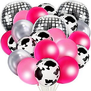 50 Pcs Cow Print Balloon Disco Ball Balloons Western Cowgirl Party Round Disco Balloons for Cowgirl Party 4D Metallic Balloons Foil Mirror Balloon for Cowgirl Theme Party Decorations with Ribbon Tape