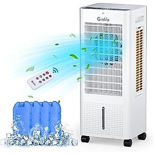 Grelife Evaporative Air Cooler, 3-IN-1 Portable Air Cooler with Fan &Humidifier, Oscillation Swamp Cooler with 3 Wind Speeds, 3 Modes, 4 Ice Packs, 12H Timer, Remote, for Bedroom Office Home Garage