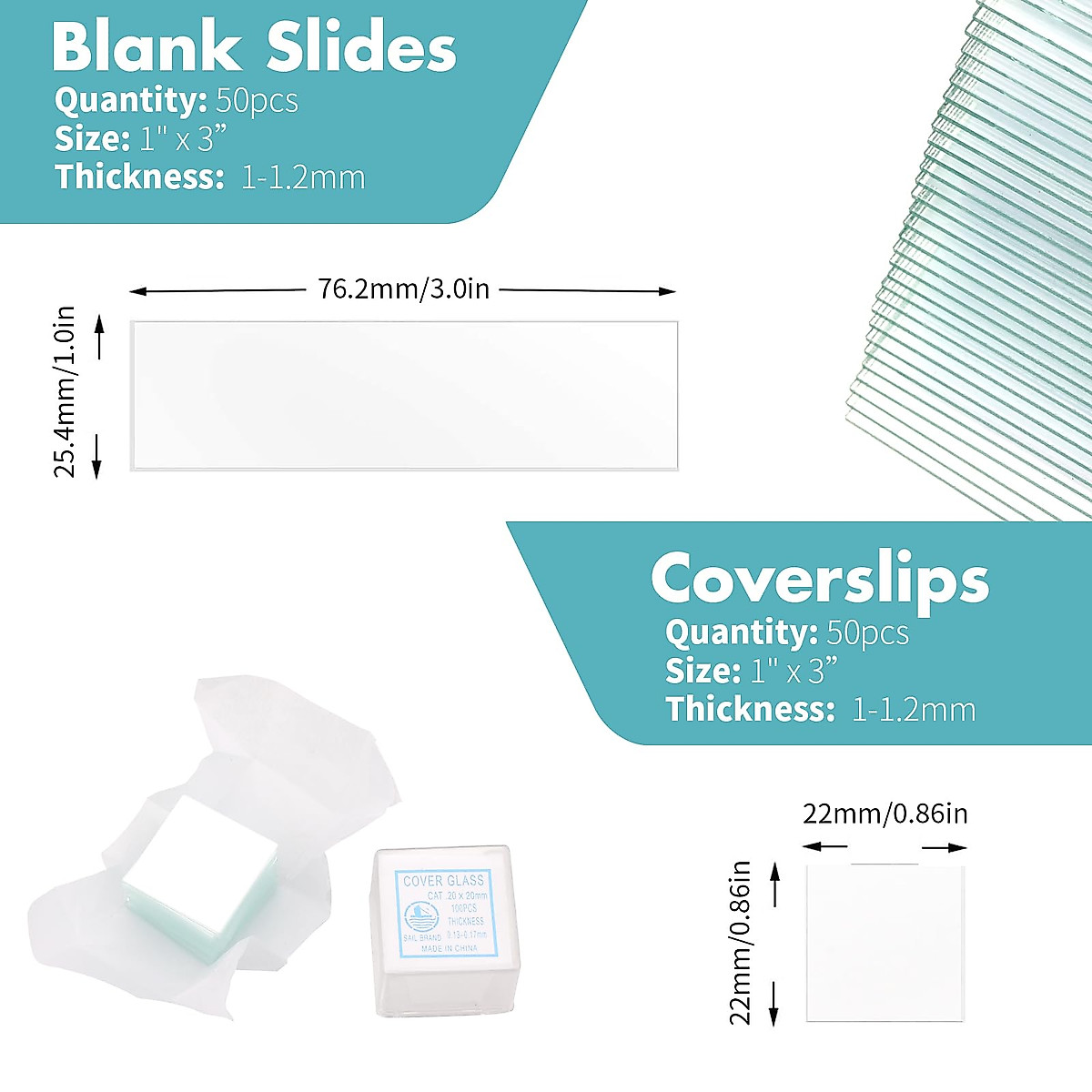100PCS Transparent Blank Microscope Slides and 100PCS Square Cover Glass Slides (22mm x 22mm)