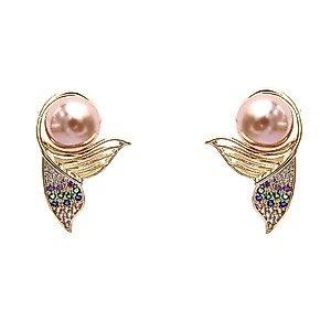 Huggie Mermaid Tail Shell Pearl Stud Earrings for Women 925 Sterling Silver Post Colorful Cubic Zirconia Hypoallergenic Small Fish Fin Stud Cartilage Faux Pink Pearls Ocean Sea Jewelry