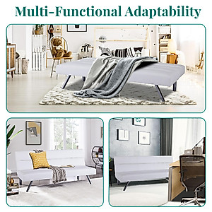 Naomi Home Faux Leather Futon Couch, Modern Convertible Folding Sofa Bed Couch Futon Sofa Bed with Chrome Legs, Reclining Mini Couch, Leather Futon Small Couch for Bedroom Living Room White