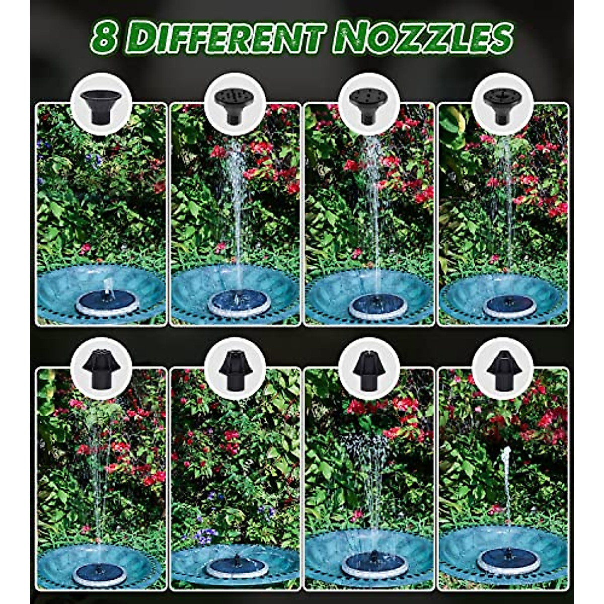Yzert Solar Fountain Matte Panel with 4000 Capacity Battery, 4W Floating Solar Bird Bath Fountains with 8 Nozzles & 4 Fixed Rods, Solar Fountain Pump for Bird Bath,Garden, Pond, Outdoor