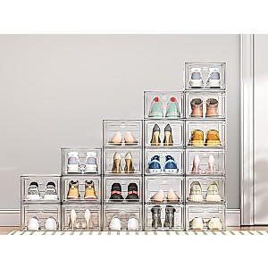 ARSTPEOE Upgrade Harder Solid Plastic Shoe Organizer, Shoe Storage with Magnetic Front Door, Shoe Rack 6 Pack Shoe Boxes Clear, Sneaker Storage, Shoe Organizer for Closet, Shoe Display Case, Black