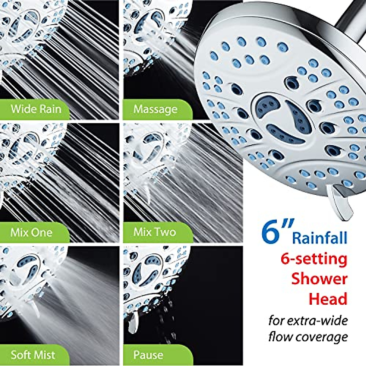 AquaCare As-Seen-On-TV High Pressure 6-setting 6 inch Rainfall Shower Head with Special Hygienic Anti-clog Nozzles for Cleaner, More Powerful Shower! Top American Brand/All Chrome Finish