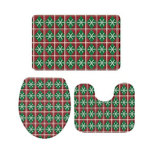 Christmas Bath Rugs for Bathroom Set 3 Piece Snowflake Red Green Diamond Plaid Non-Slip Washable Memory Foam Absorbent Bath Mat Rugs for Tub Shower,U-Shaped Toilet Floor Mats,Toilet Lid Cover