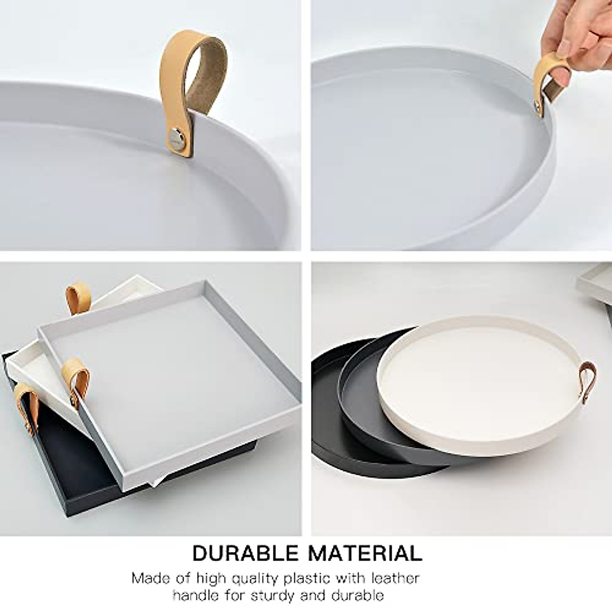 Tynulox Plastic Serving Tray with Leather Handle, Round, Black,10.2x10.2x1 Inch, 1 Pcs