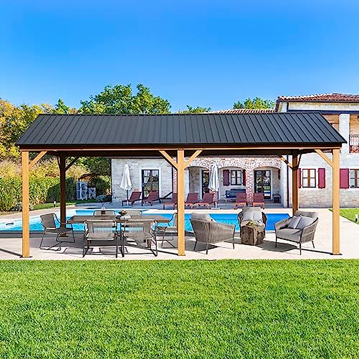 Domi 12x20FT Hardtop Gazebo, Galvanized Steel Gable Roof Gazebo Pergola with Wood Grain Aluminum Frame, Outdoor Permanent Gazebo Pavilion for Patio, Garden, Deck, Backyard