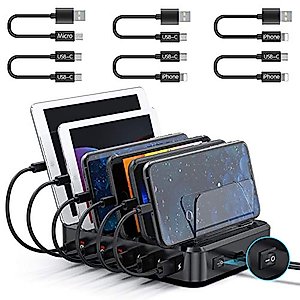 PD USB-C Charging Station, COSOOS 81W 6-Port USB Charging Station for Multiple Devices with 3 PD 20W USB-C Charger & 6 Mixed Short Cables, Fast Multi USB Charger Station