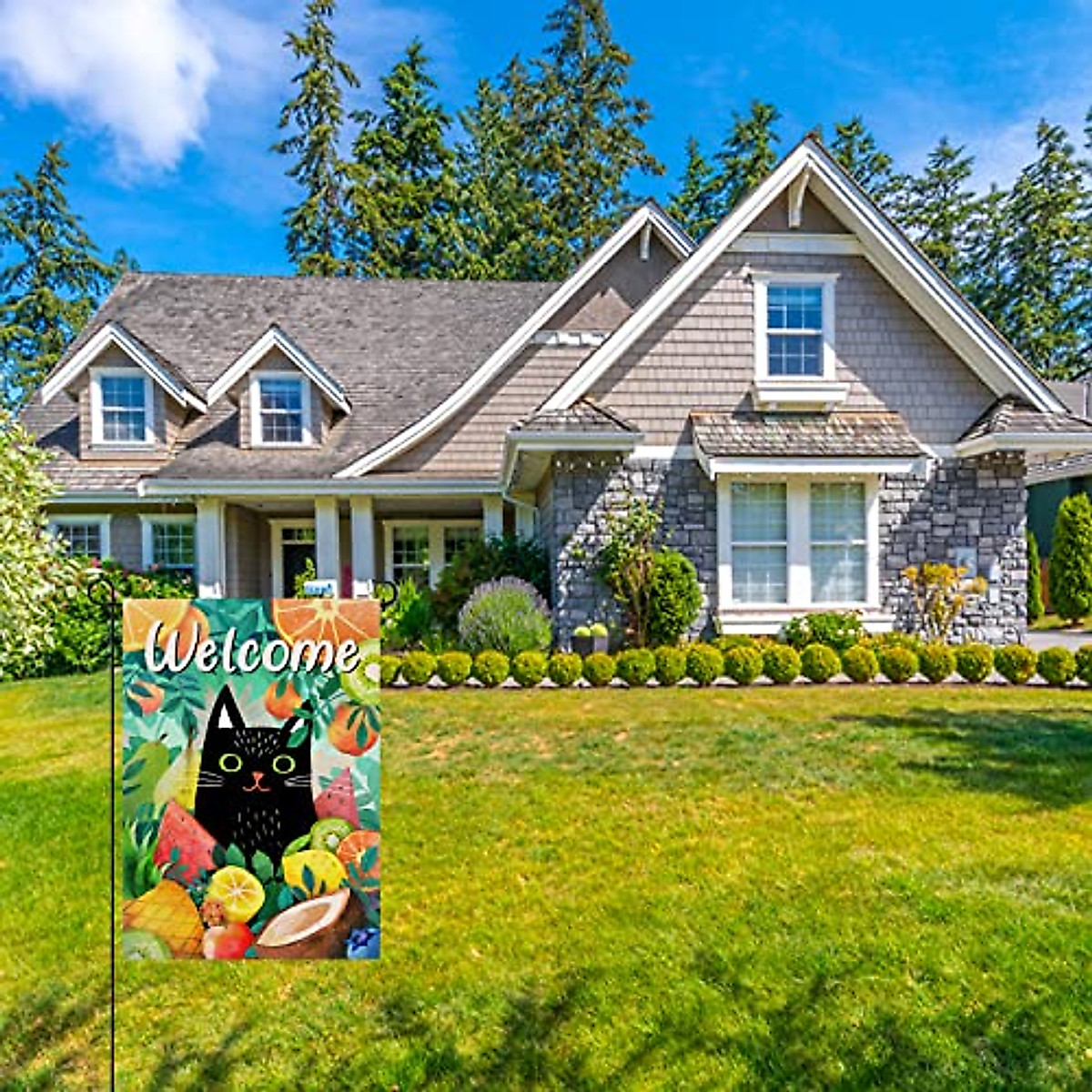 Dyrenson Welcome Summer Black Cat Lemon Watermelon Tropical Decorative Garden Flag, Yard Outside Decoration Outdoor Small Decor 12x18
