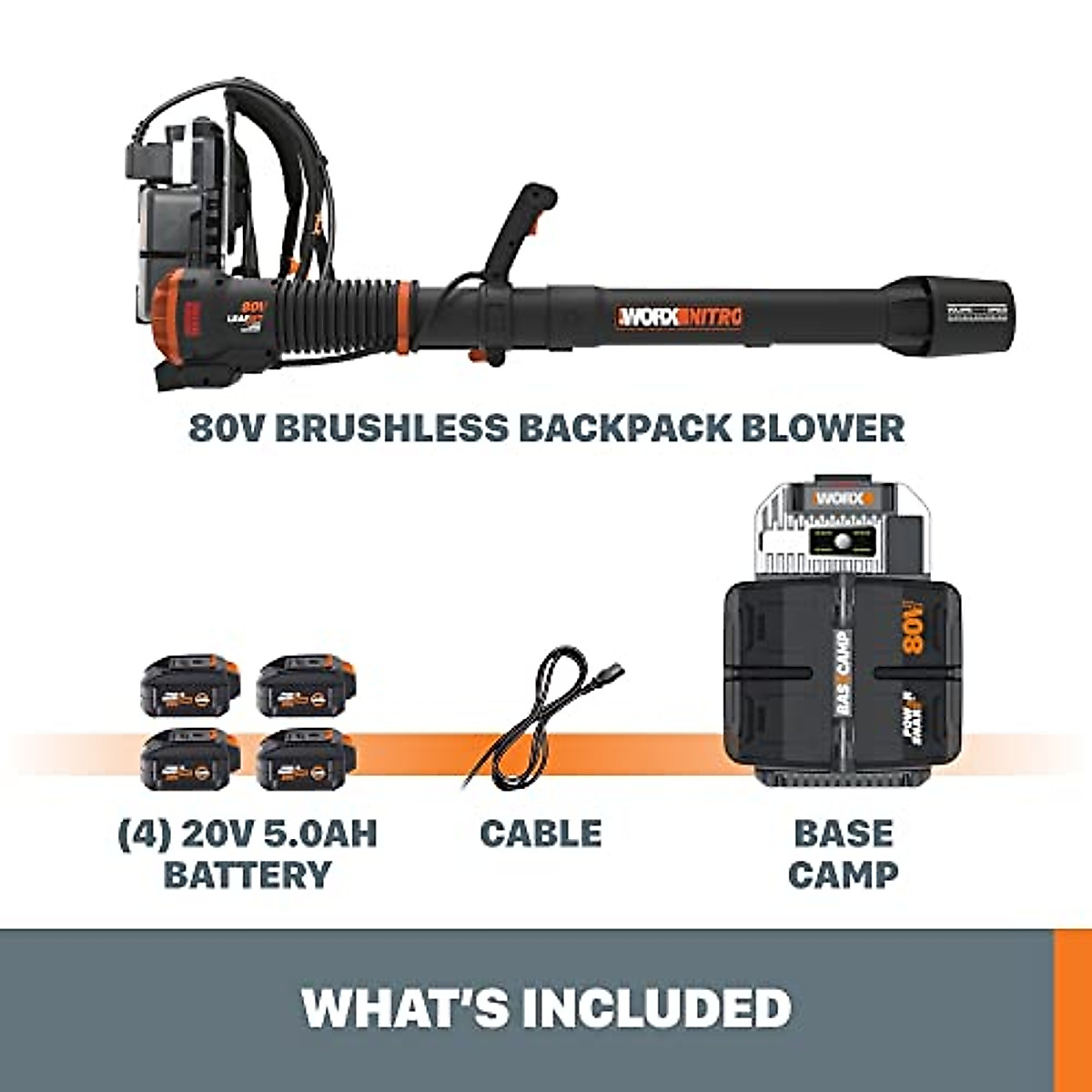 Worx Nitro 80V Brushless Backpack Blower Power Share with Base Camp- WG572 (Batteries & Charger Included)