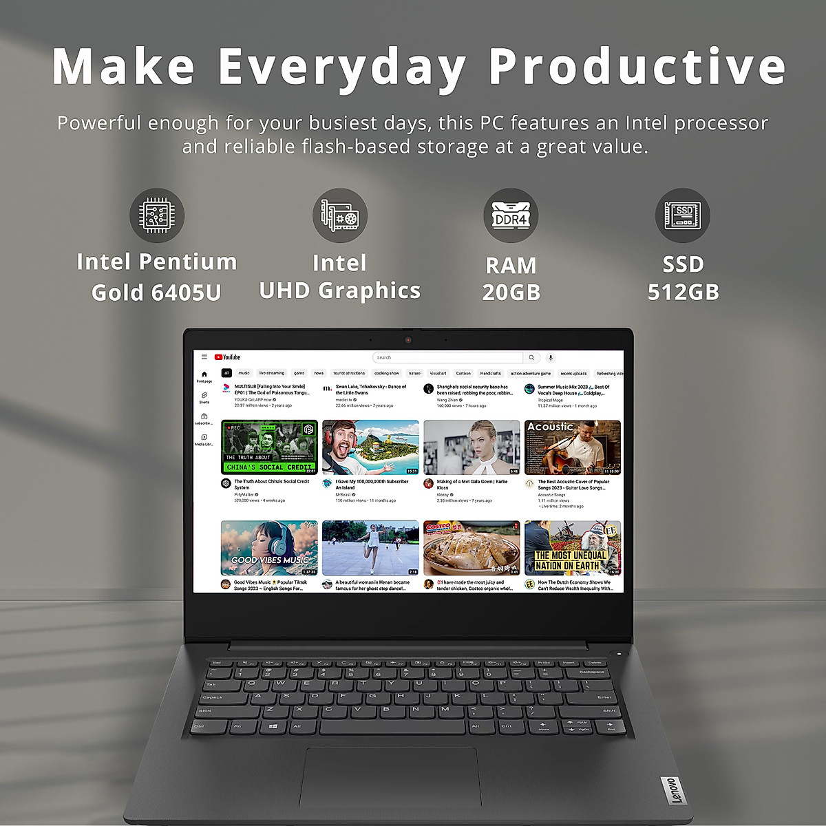 Lenovo Ideapad 3 14" HD Laptop, Intel Pentium Gold 6405U Processor, 20GB RAM, 512GB PCIe SSD, Intel UHD Graphics, Speakers, Webcam, WiFi, Bluetooth, Win 10 S, Black, 32GB Hotface USB Card