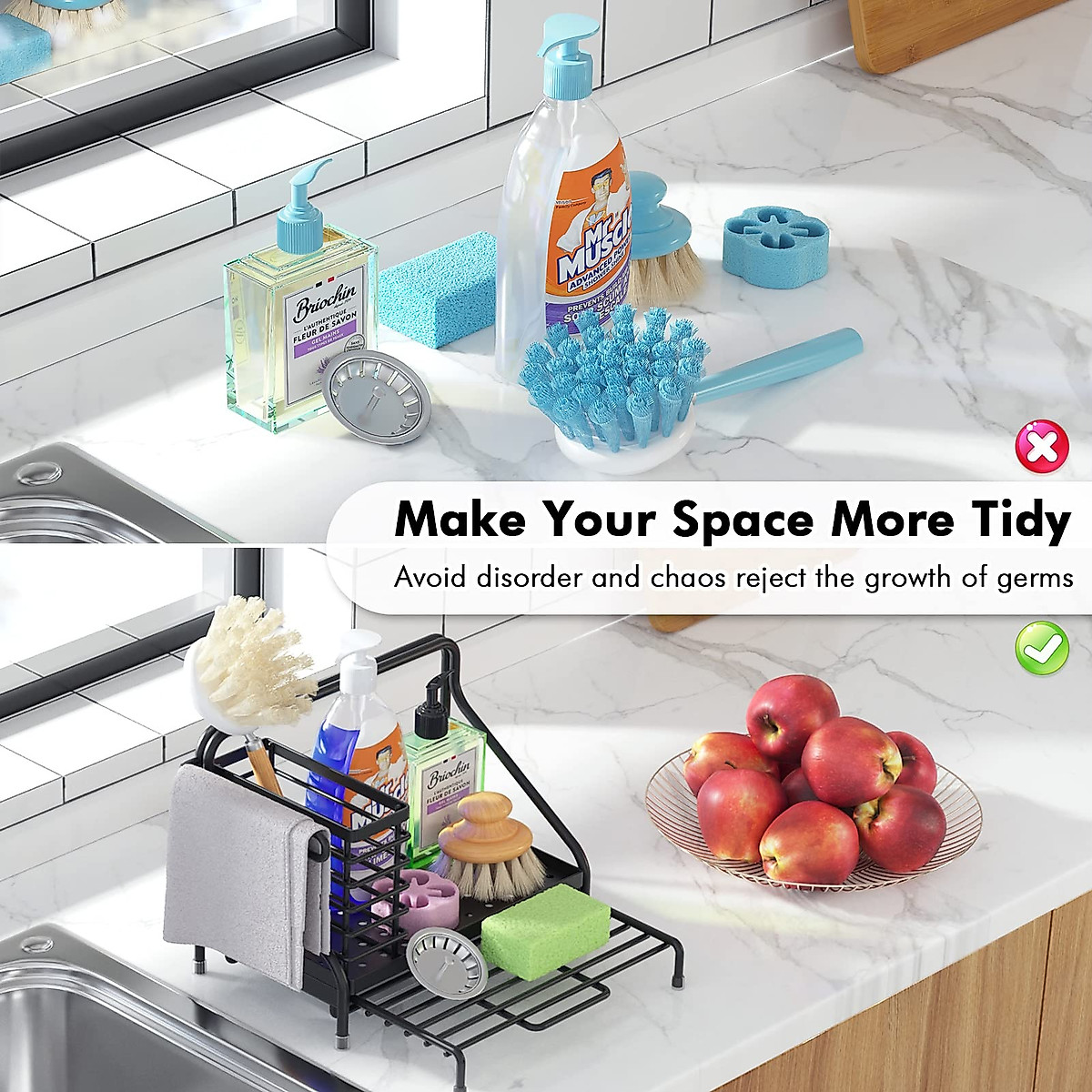 Livod Sink Caddy，Kitchen Sink Caddy Sponge Holder with Drain Tray, Stainless Steel Rustproof Dish Brush Caddy Kitchen Sink Organizer for Countertop，(Black)