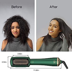 LENA Hair Straightener Brush Dryer PRO Blow Dryer Hot Air Brush - Anti-Scald Straightening Iron Comb Styler with Extra Ion Care, Far Infrared Heating and 3 Modes for Long & Medium Length Hair, Green