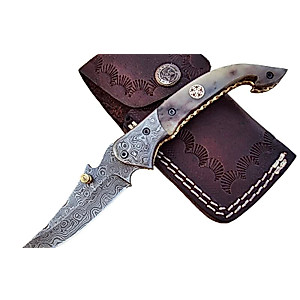 Limited Edition - FNA-32 Custom Handmade Damascus Steel Folding Knife - Beautiful Camel Bone Handle with Damascus Steel Bolsters