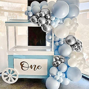 FLORA GRACE Balloon Garland Arch Kit - 146pcs Stunning Baby Blue Silver and White Party Decorations - Assorted Latex Balloons Strip Tape & Glue Dots for Birthdays Weddings Baby Showers and Events