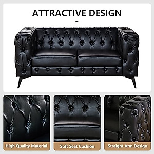 Chesterfield Loveseat, Modern Faux Leather Button Tufted Accent Sofa Couch with Square Arms and Metal Legs for Living Room, Bedroom, Office, Apartment (Black)