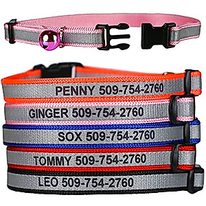 GoTags Personalized Reflective Cat Collars, Engraved Custom Cat Collar with Name and Phone, Breakaway Cat Collar with Safety Release Buckle and Bell, Adjustable for Cats and Kitten, (Pink)