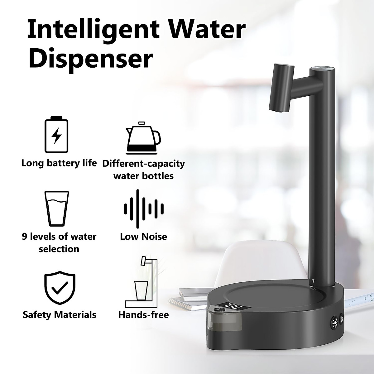 Desktop Water Bottle Dispenser - Smart Night Lights Countertop Water Dispenser 10 Levels Pumping for 5 Gallon Universal Bottle, Intelligent Portable USB-C Charging Water Pump for Home, Office, Outdoor