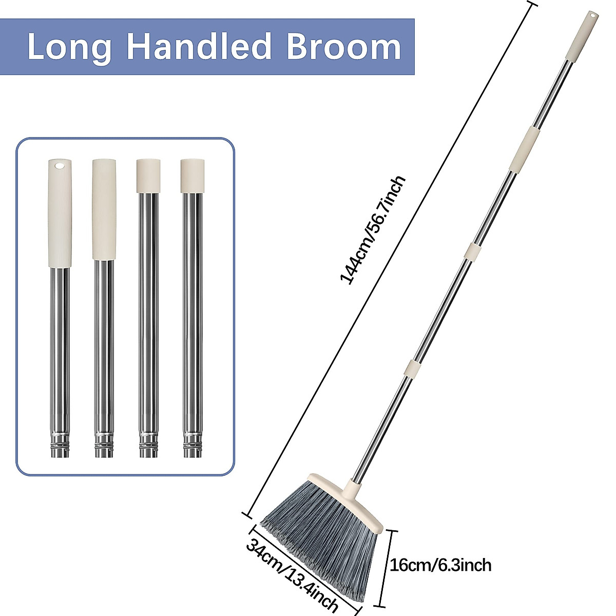 Aifacay Heavy Duty Broom, Outdoor Indoor Broom Home Kitchen Lobby Commercial Broom for Sweeping 56 Inch Long Handle Angle Broom with Flagged Stiff Bristles