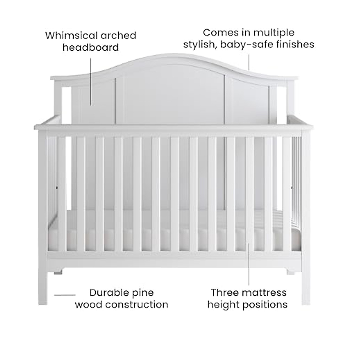 Child Craft Cottage Arch Top 4-in-1 Convertible Crib, Baby Crib Converts to Day Bed, Toddler Bed and Full Size Bed, 3 Adjustable Mattress Positions, Non-Toxic, Baby Safe Finish (Matte White)