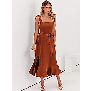 ANRABESS Women's Satin Formal Dress Square Neck Ruffle Split Midi Bridesmaid Dress for Wedding Guest Cocktail Party A1008jiaotang-M Caramel
