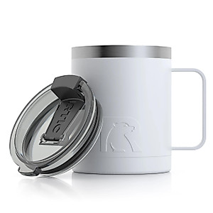 RTIC Coffee Mug with Handle, 12 oz, White, Portable Travel Thermal Camping Cup, Vacuum-Insulated with Lid, Stainless Steel, Sweat Proof, Keeps Hot & Cold Longer